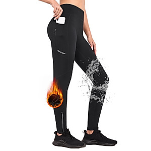 BALEAF Women's Fleece Lined Leggings Water Resistant Winter Clothes Running Tights Cold Weather Hiking Pants Zip Pockets Black L