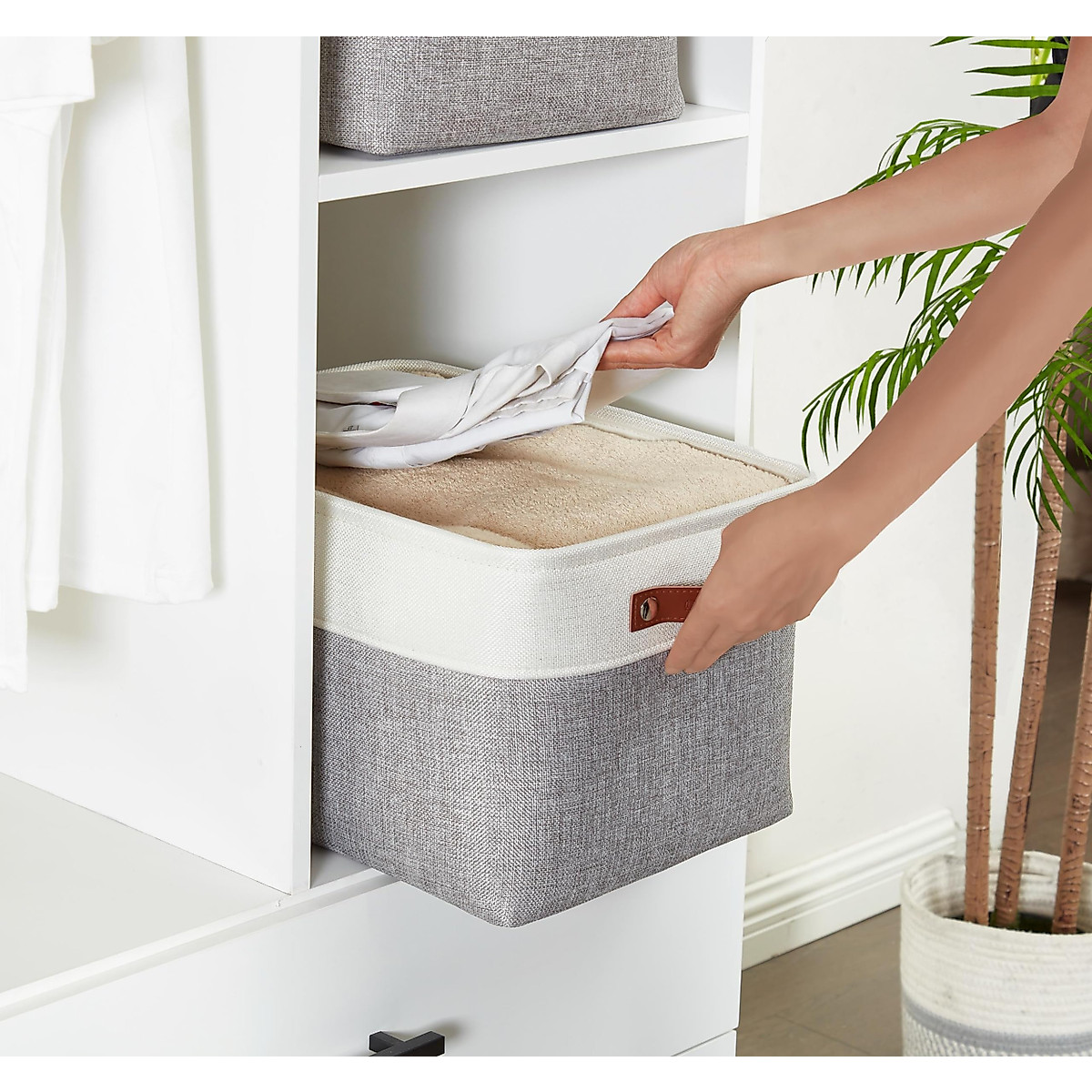 DECOMOMO Storage Bins Fabric Storage Baskets for Shelves, Linen Closet Organization Toys Nursery (Grey and White, XL - 3 Pack)