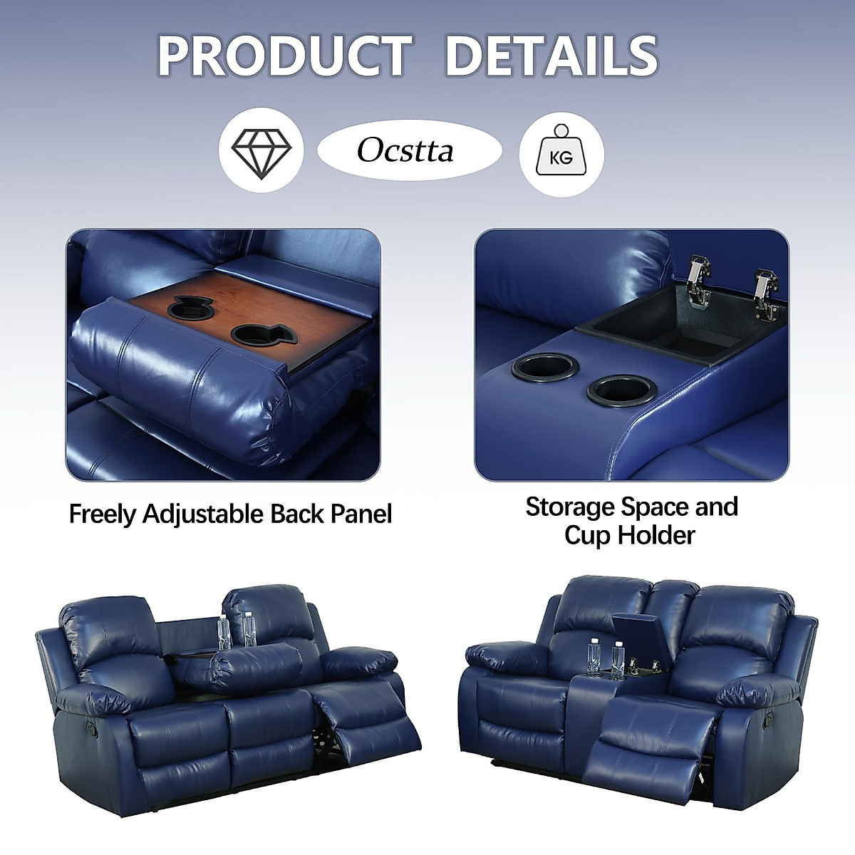 Ocstta Manual Leather Recliner Sofa Set for Living Room Furniture Set,Leather Recliner Couch Set for Home/Office,Leather Couch Set for 3-Pieces(Sofa+Loveseat+Chair) Blue