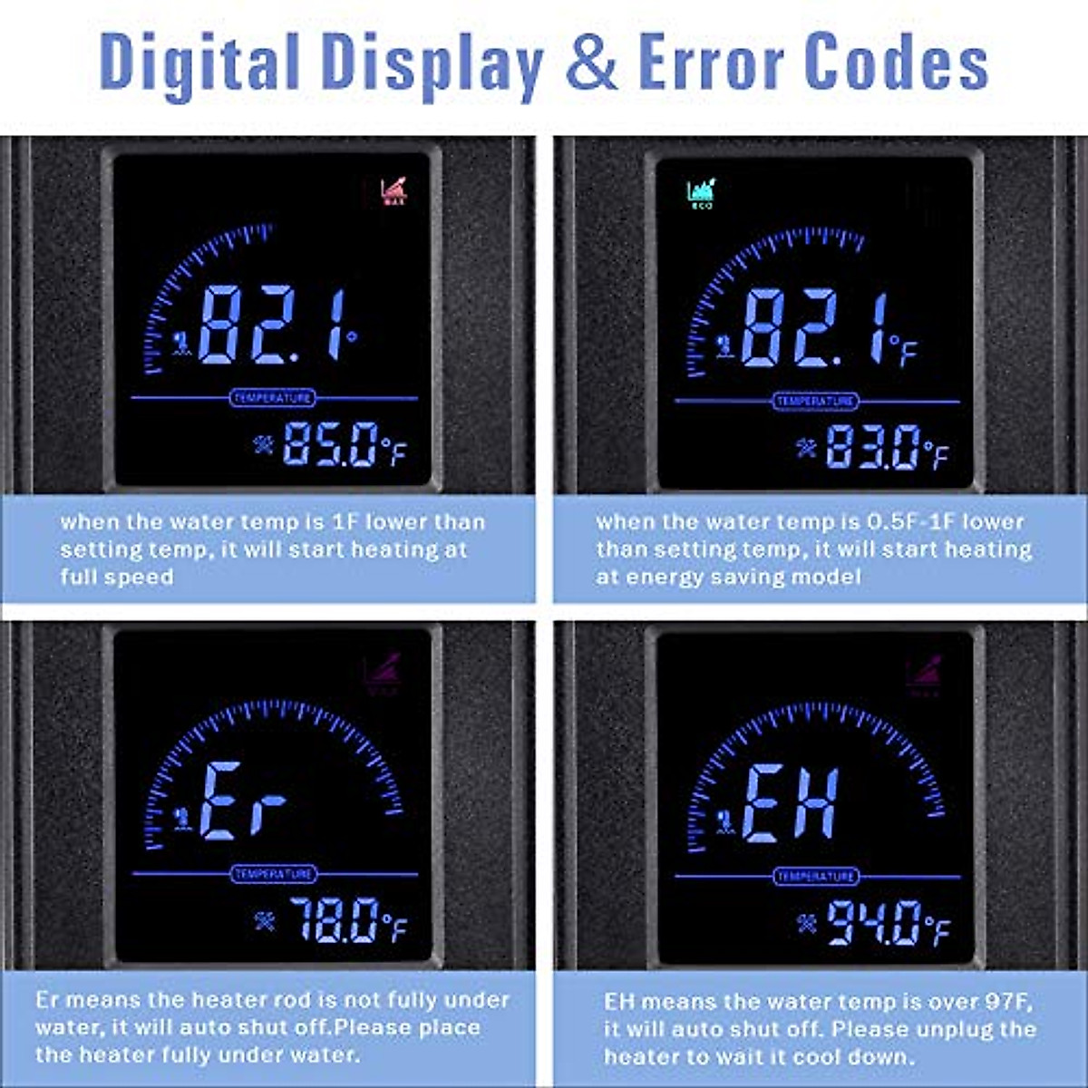 hygger 800W Metal Steel Aquarium Heater for Fresh Water, Digital Submersible Heater with Built-in Thermometer, External LCD Display Thermostat Controller, for Fish Tank 120-180 Gallon
