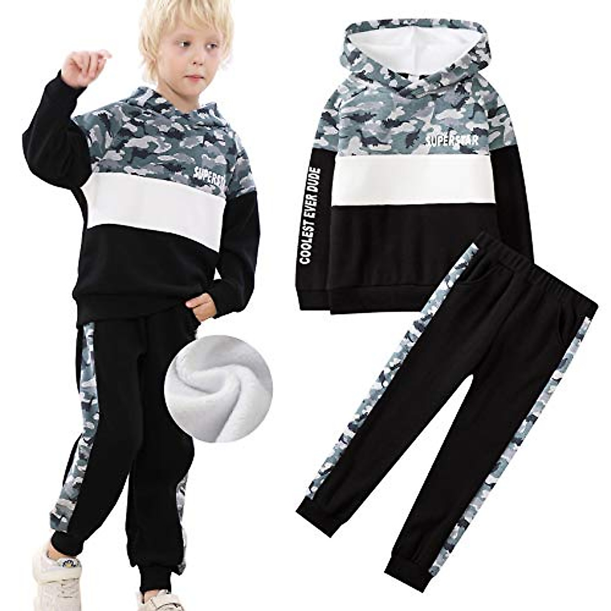 Jobakids Boys Clothes Set 2 Piece Fleece Long Sleeve Hoodie Sweatshirt and Jogging Pants Camouflage Print Grey 6Y