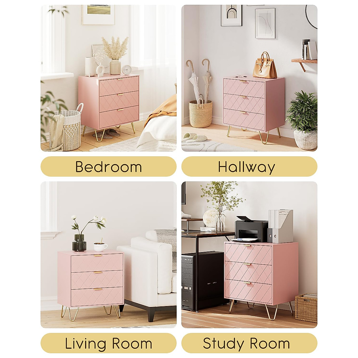 Aobafuir 3 Drawer Dresser for Bedroom, Modern Closet Dressers Chest of Drawers, Storage Dresser Chest Cabinet Organizer Unit, Small Fluted Dresser for Bedroom (Pink Diamond)
