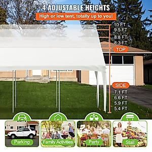 VEVOR 10 x 20 ft Carport Car Canopy, Heavy Duty Garage Shelter with 8 Legs, Car Garage Tent for Outdoor Party, Birthday, Garden, Boats, Adjustable Peak Height from 8.3 ft to 10 ft, White