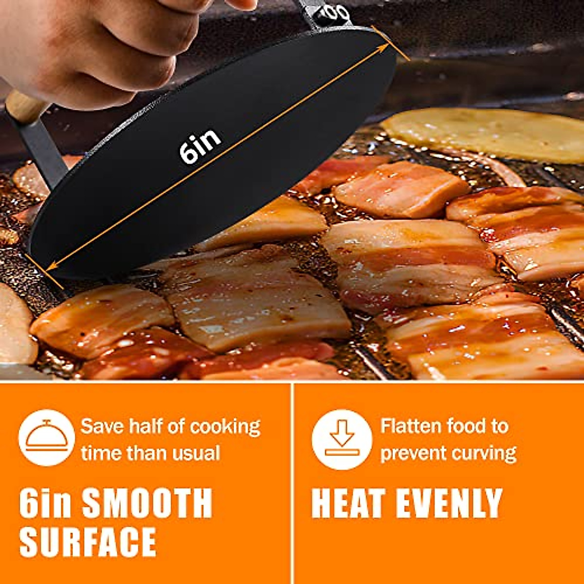 bodkar Smash Burger Press 6 inch, Round Burger Smasher Grill Press for Griddle Bacon Press Meat Steak Press with Wood Handle