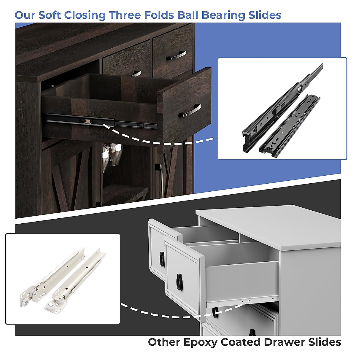 VVFLU Sideboard Buffet Cabinet with Storage Kitchen Farmhouse Coffee Bar Cabinet, Drawers, Removable Wine Rack, Wine Glass Rack, Barn Doors, Adjustable Shelves for Dinning Room, Brown (Coffee Wood)