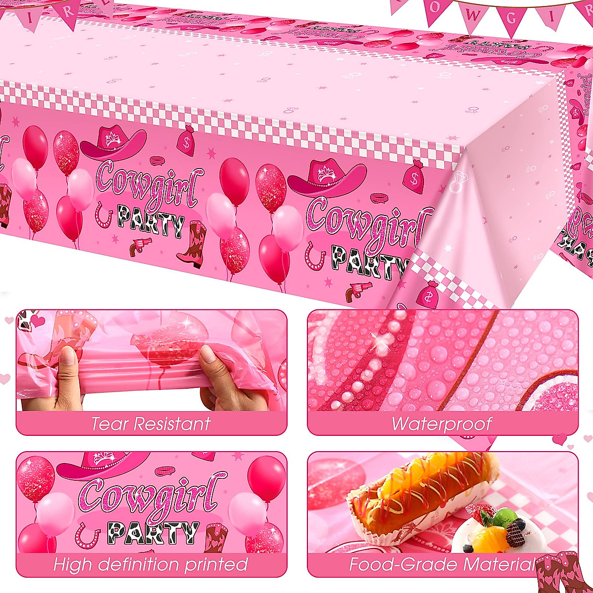 HyDren 3 Pcs Pink Cowgirl Party Tablecloth 54 x 108 Inch Western Disco Cowgirl Birthday Decorations Disposable Plastic Table Cover Rectangular Horse Party Supplies for Girls Boys Baby Shower