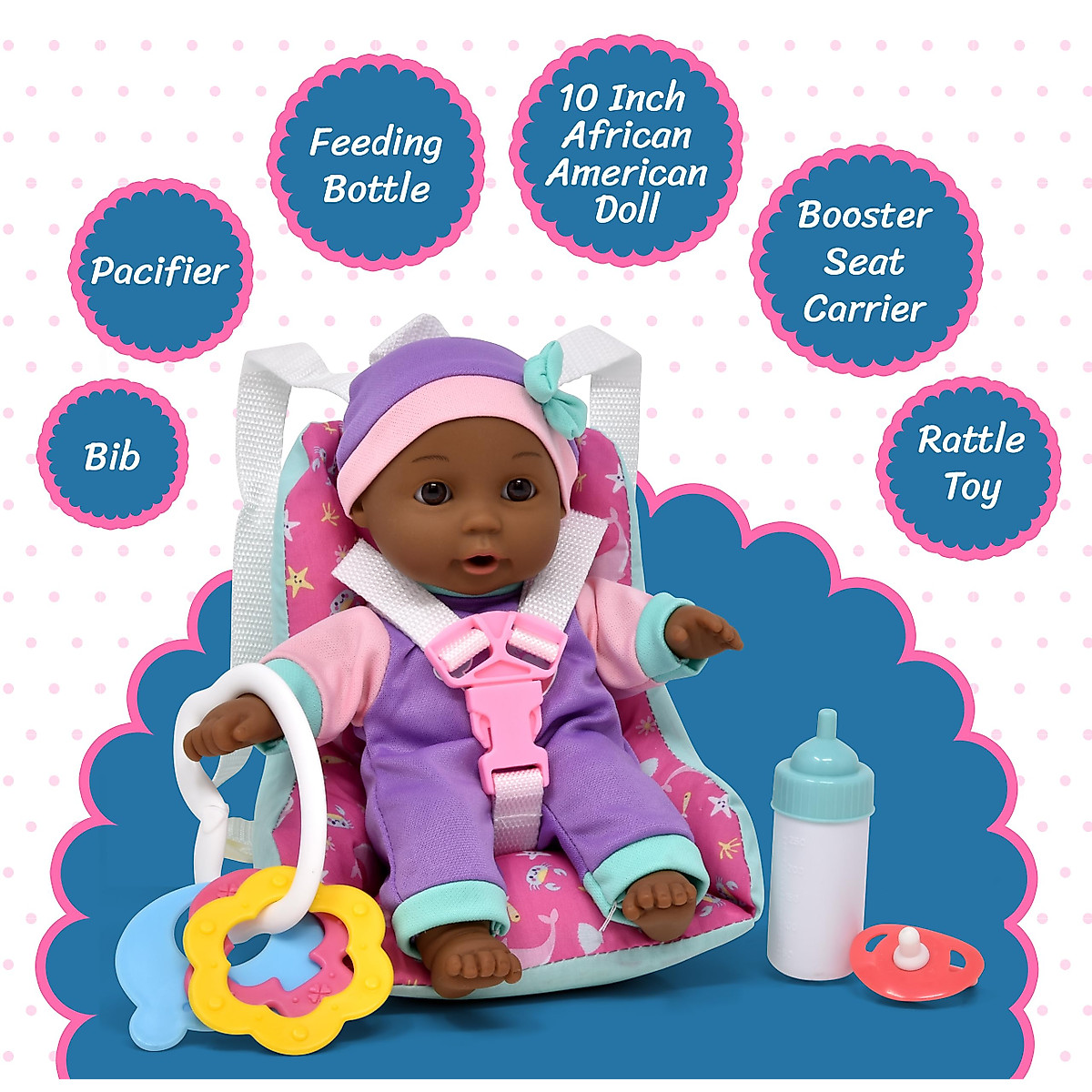 Dolls To Play Baby Doll Car Seat with Toy Accessories, Includes 10 Inch Soft Body Baby Doll, Booster Seat Carrier, Rattle Toy, Bib and Bottle, A Travel Gift Set for Toddlers Infants Girls and Boys