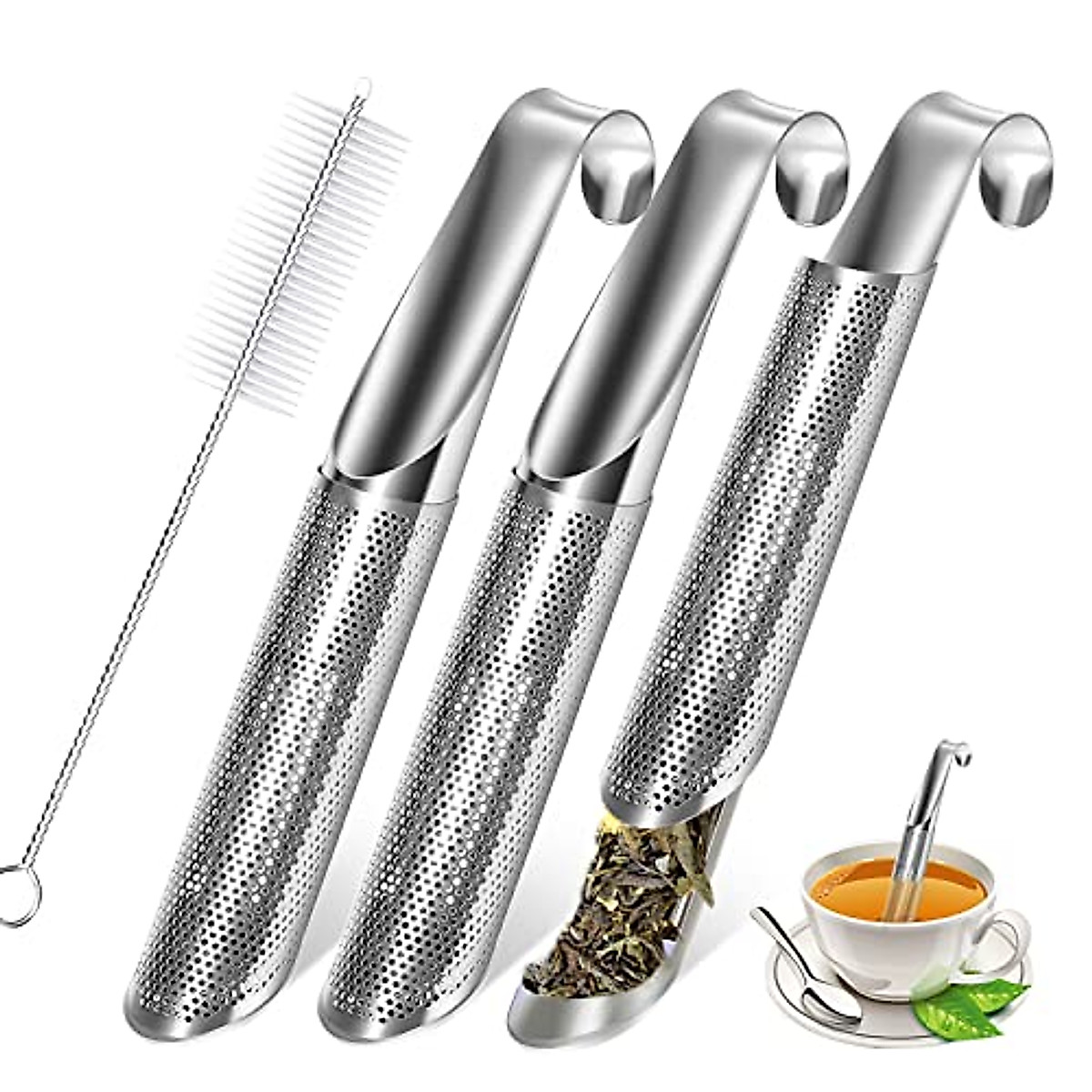 3 Pcs Tea Infuser and 1 Brush, Stainless Steel Tea Infuser Stick Pipe Tea Infuser for Loose Tea Leaf, Tea Infusers Pen with Hook