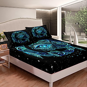 Starry Galaxy Nebula Universe Bed Sheet Set 3 Pieces,Bohemian Exotic Mysterious Eyes Microfiber Bedding Set with Flat,Dreamcatcher Fitted Sheet,2 Pillow Cases,Full Size