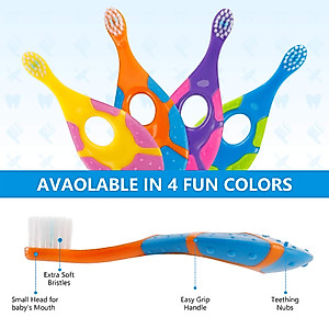 Slotic Baby Toothbrush for 0-2 Years, Safe and Sturdy, Toddler Oral Care Teether Brush, Extra Soft Bristle for Baby Teeth and Infant Gums, Dentist Recommended (4-Pack)