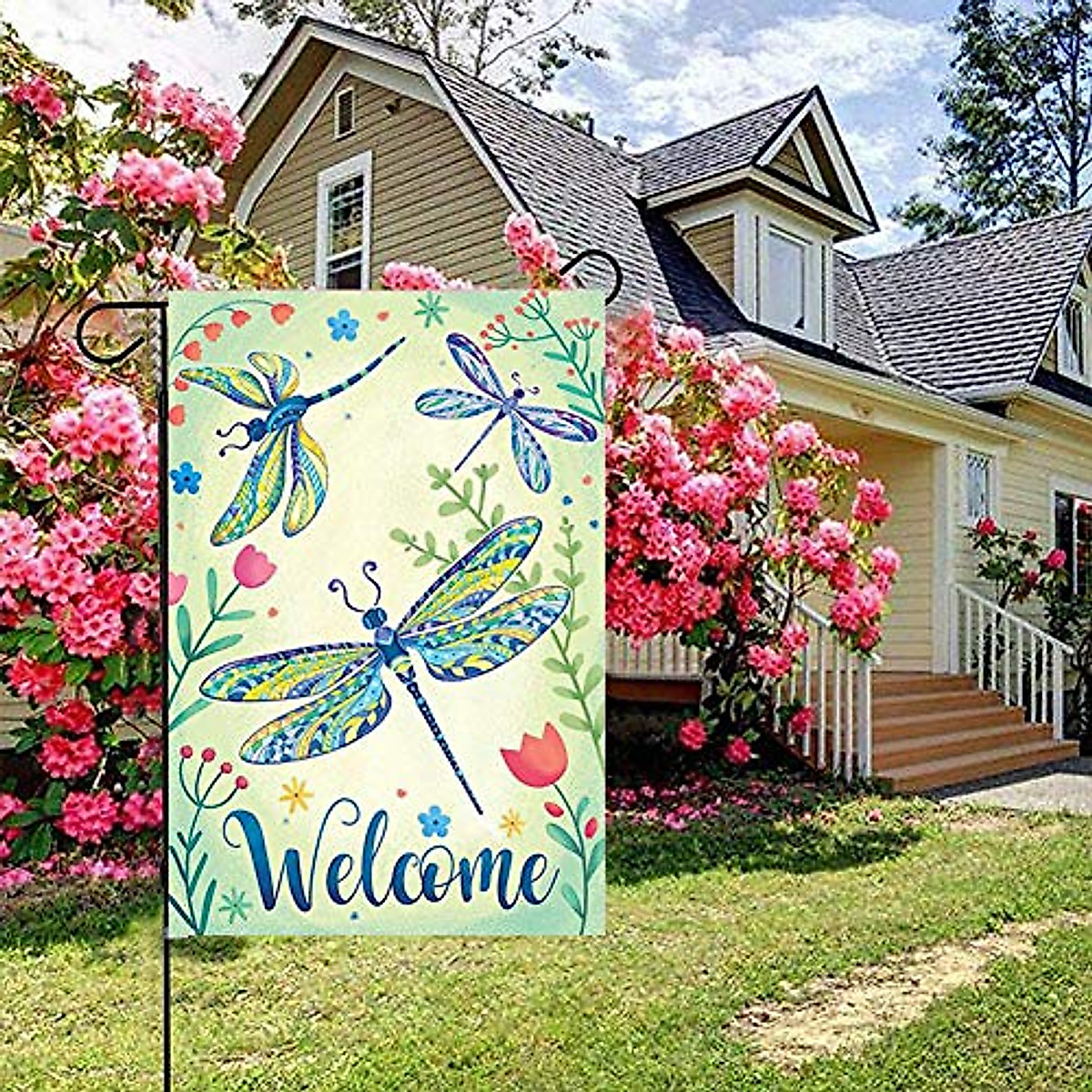 Spring Garden Flag with Welcome Quote , Burlap Double Sided Dragonfly Flower Yard Flags, Garden Flag Rustic Farmhouse Yard Outdoor Decoration (Dragonfly)
