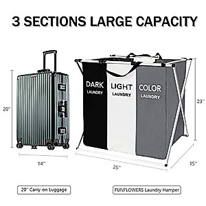 FUNFLOWERS Laundry Hamper Basket Sorter with Handle and Aluminum Frame, 3 Sections Foldable Portable Large Dirty Clothes Basket Organizer for Bathroom Bedroom Home (Black+White+Grey)