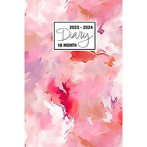 2023 - 2024: 18 Month Diary A5 Week to View on 2 Pages Weekly Journal Agenda WO2P Planner Jul 23 to Dec 24 Horizontal With Moon Phases, UK & US ... Blush Pink And White Textured Brush Strokes