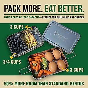 3-in-1 Stainless Steel Bento Box For Kids & Adults with Snack Pod - Holds 6 Cups of Food, 100% Crack-Resistant, Secure Locks, Eco-friendly Metal Lunch Container