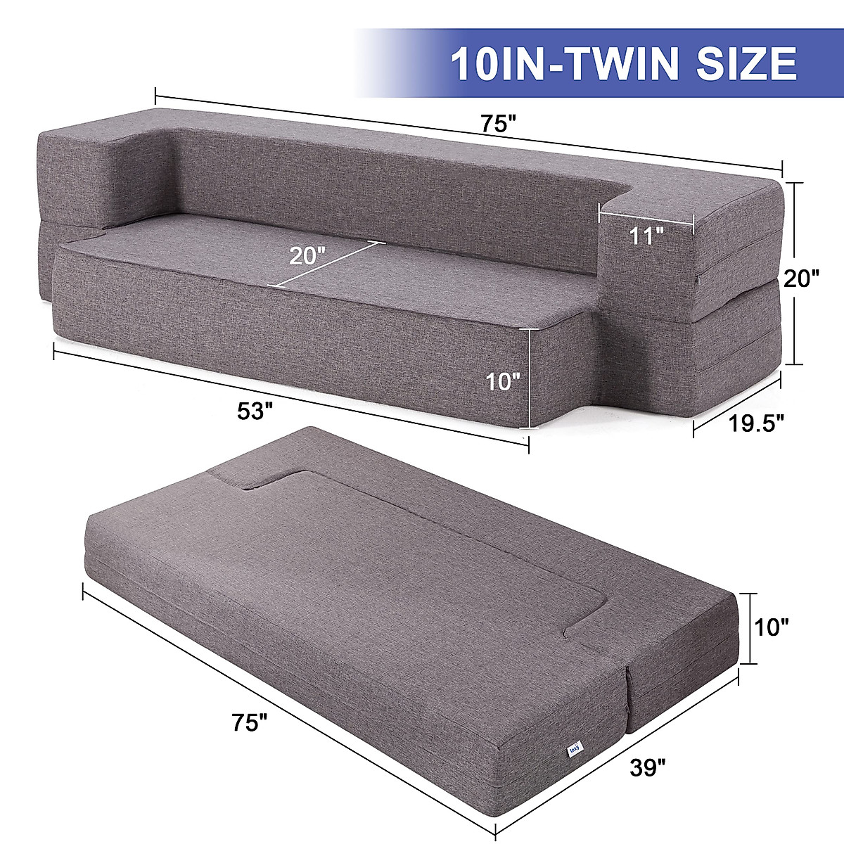 Lazyzizi Floor Sofa Bed, Fold Out Couch Bed with 2 Pillows & Washable Cover Convertible Sleeper Folding Sofa Bed Mattress for Living Room, Guest Bed, Playroom 10inches Twin