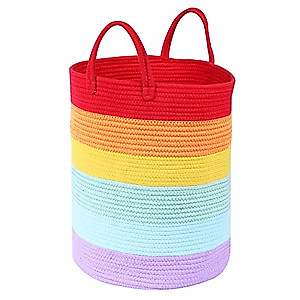 Large Rainbow Basket 18” x14”| Colorful Classroom Decor for Toy Storage Baskets for Organizing | Cotton Rope Laundry Basket Hamper with Handles for Playroom Organization
