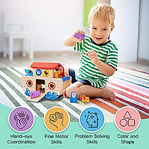 TOOKYLAND Wooden Noah's Ark Toys for Kids, Bible Story Toys Baptism Gifts for Girls and Boys, Animal Shape Sorter Toys Montessori Toys for 2 3 4 Year Old