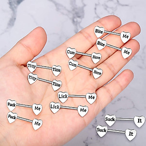 Hicarer 6 Pairs Heart Shaped Nipple Rings 14G Stainless Steel Tongue Rings Barbell Rings Body Piercing Jewelry for Women