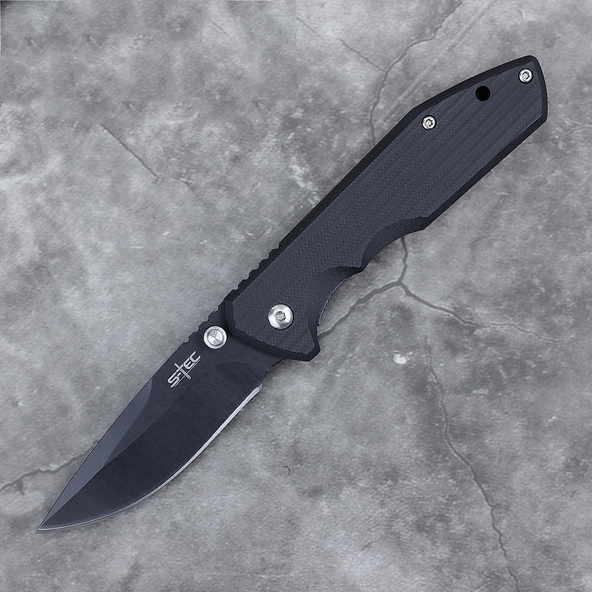 S-TEC G10 Handle Pocket Folding Knife with G10 Handle and Pocket Clip, 3.0 inch 440 Stainless Steel Blade, Thumb Stud, Smooth Nylon Pivot, 7.4 inch overall length, TS019 (Black)