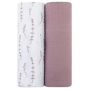 Ely’s &Co. Muslin Swaddle Blanket 2-Pack — 100% Cotton Muslin Extra-Large Swaddle Blankets (47” x 47”) Solid + Printed (Delicate Leaves + Solid Lavender)