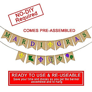 Mardi Gras Banner Burlap | Mardi Gras Decorations | Gold Purple Green Mardi Gras Banner for Mantel Fireplace | Rustic Mardi Gras Party Decorations Supplies | Mardi Gras Outdoor Indoor Hanging Decor