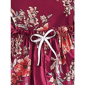 WDIRARA Women's Silk Satin Pajama Set 4 Pieces Sleepwear Loungewear Pj Sets Burgundy M
