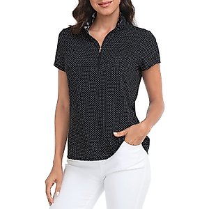 LRD Women's Golf Polo Shirts Short Sleeve Tennis Shirt UPF 30 Quarter Zip Up Polka Dots/Pink Aloha - L