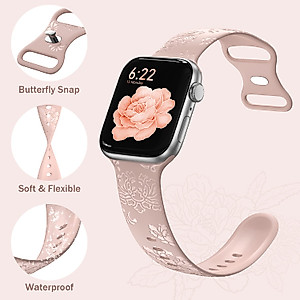 5 Pack Flower Engraved Silicone Band Compatible With Apple Watch Band 38mm 40mm 41mm, Elegant Peony Fancy Designer Sport Women Band Replacement for iWatch Series 8 7 6 5 4 3 2 1 SE Black White