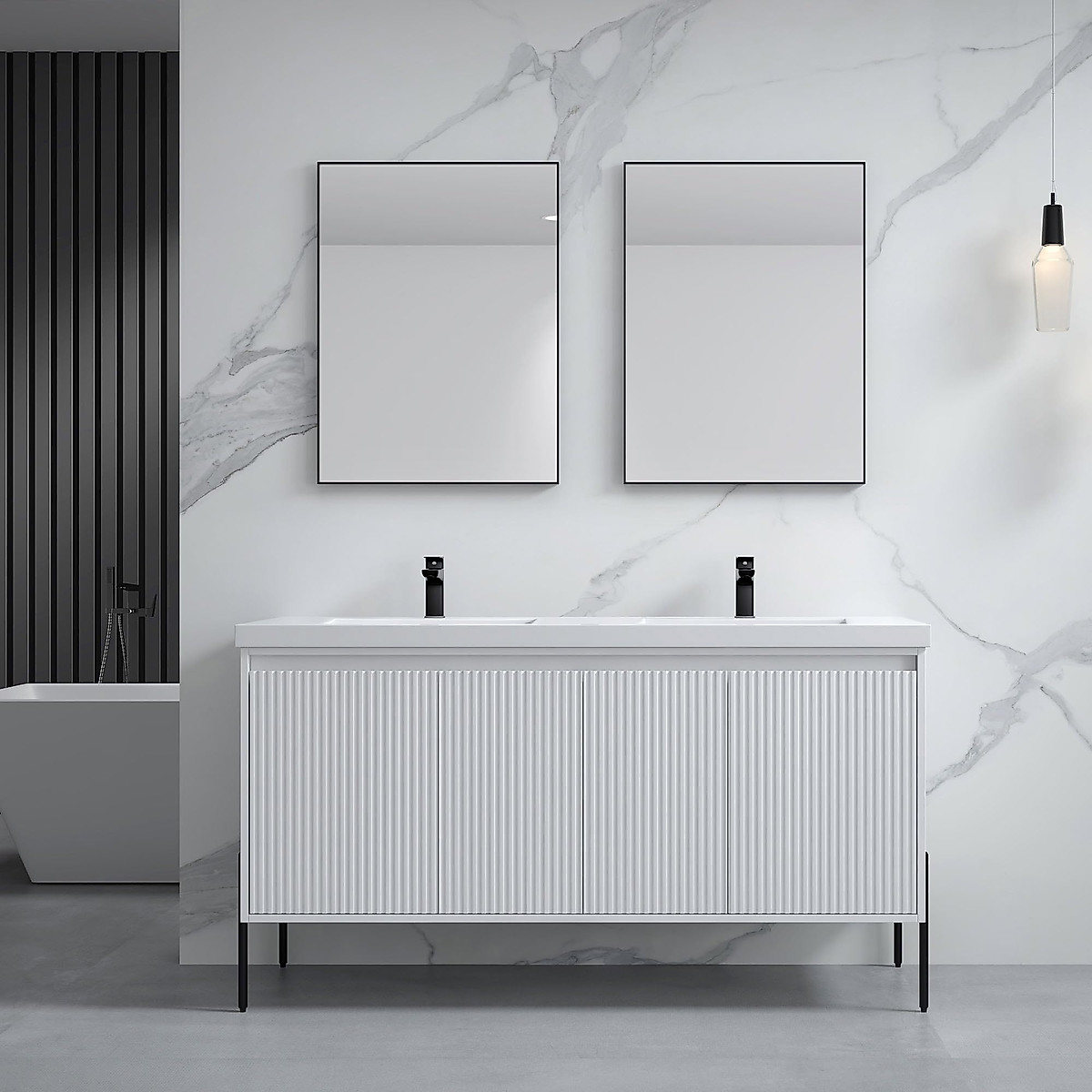 Dowell 60“ Fluted Design Vanity Set – Modern Bathroom Cabinet with Soft-Close Door & Shelf.Glossy White- 0026021V/6122BP