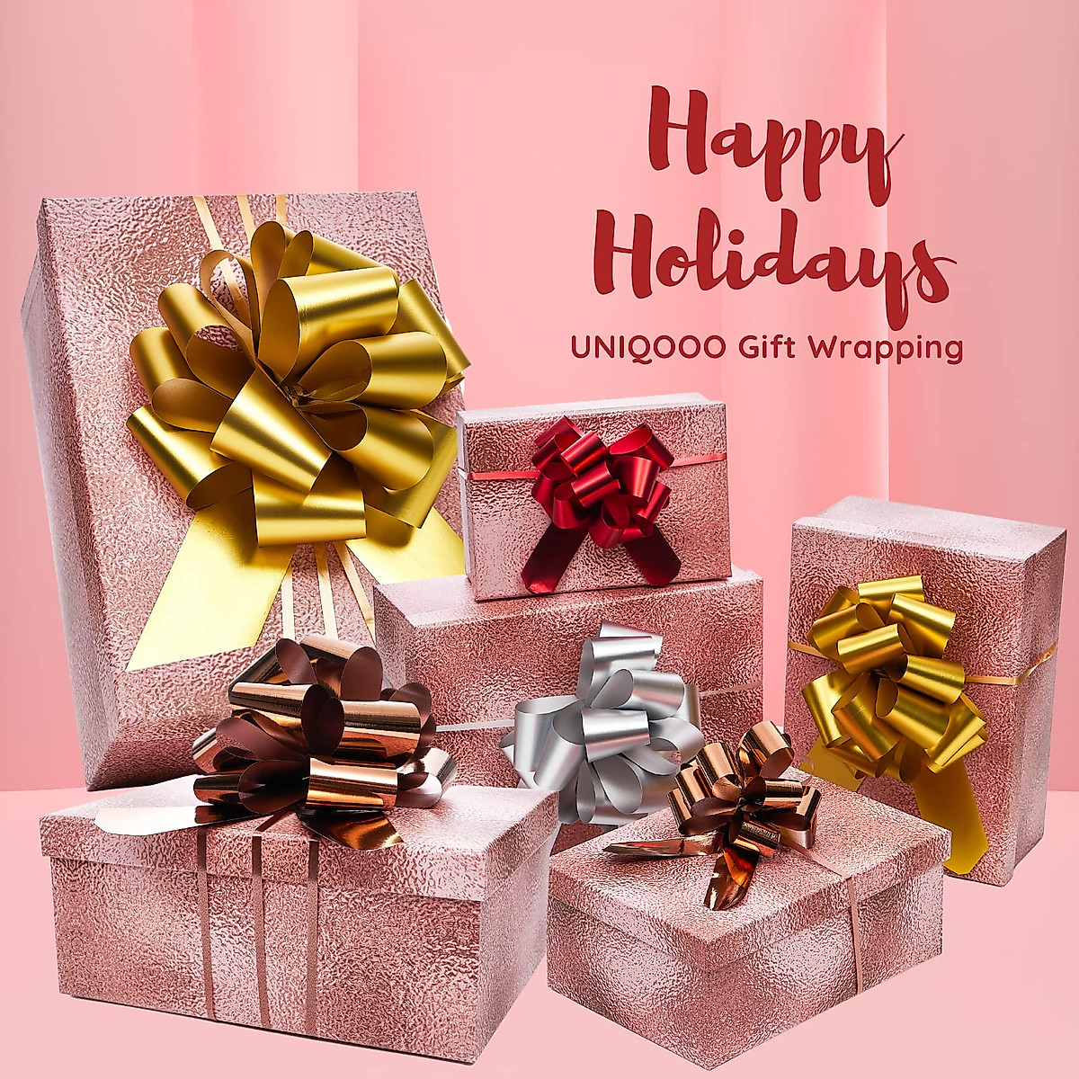 UNIQOOO 48PCS Metallic Rose Gold, Red, Gold, Silver Gift Wrap Pull Bow Set, 6 Inch Large 4'' Medium, Assorted Ribbon for Gift Basket Box Bag Wrapping Décor Valentines Day Wedding Birthday Anniversary
