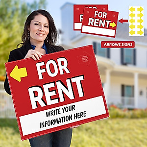 Soaoo 5 Pack 12 x 16 Inch for Rent Sign with Stand Double Sided Yard Sign Stands Corrugated Plastic Lease with Directional Arrow Sticker House Car Rental Supplies