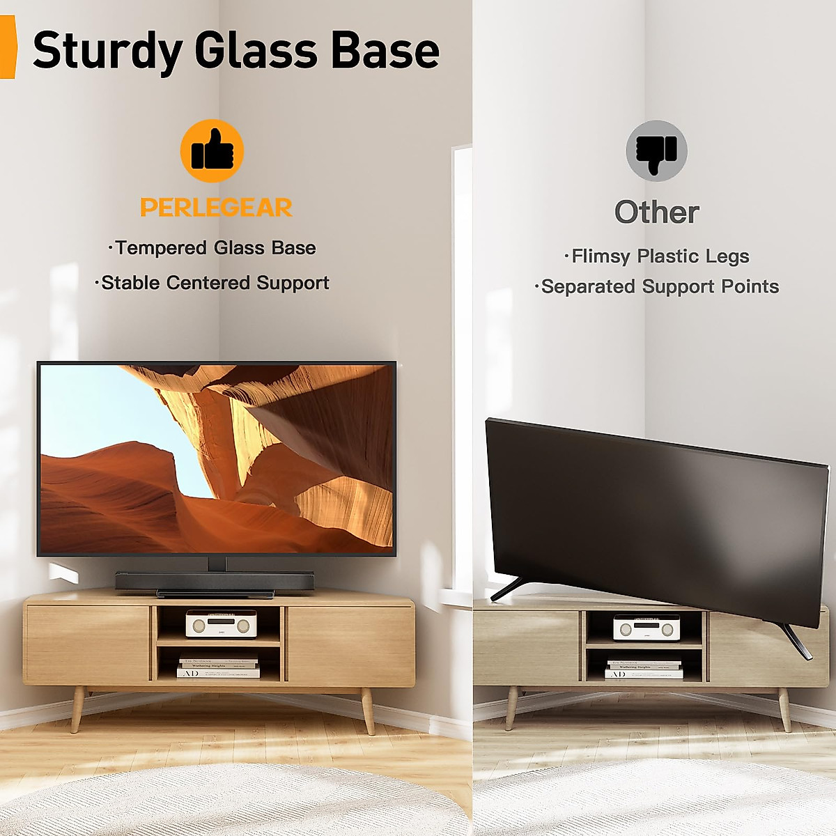 PERLEGEAR Universal TV Stand Base, Swivel Table Top TV Stand for 13-43 Inch Flat/LCD/LED TVs, Height Adjustable Monitor Mount Stand with Tempered Glass Base VESA 200x200mm Holds up to 99lbs,PGTVS16