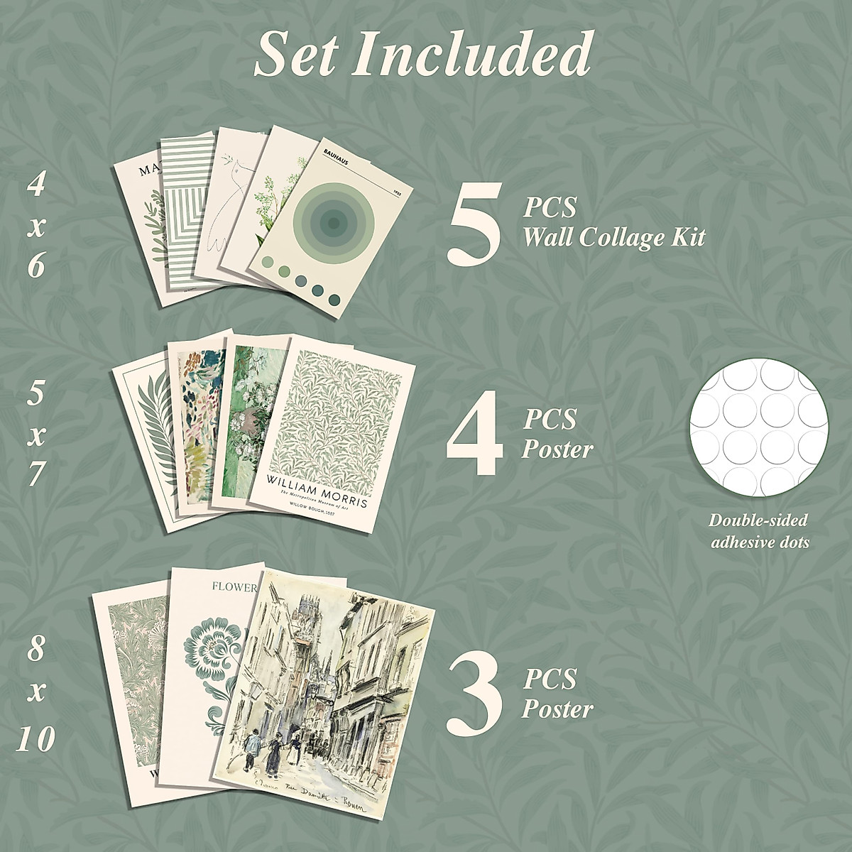 Waschbär Sage Green Room Decor Aesthetic - Green Wall Art Aesthetic Posters, Green Room Decor, Sage Minimalist Poster Set, Boho Prints Wall Collage, Matisse Pictures for Bedroom Decor (UNFRAMED)