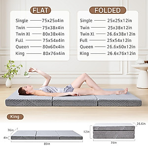 MUUEGM Folding Mattress, 4 Inch King Tri-fold Memory Foam Mattress, Foldable Mattress with Washable Cover, Trifold Mattress for Yoga/Camping/RV/Guest Beds,CertiPUR-US Certified,Grey