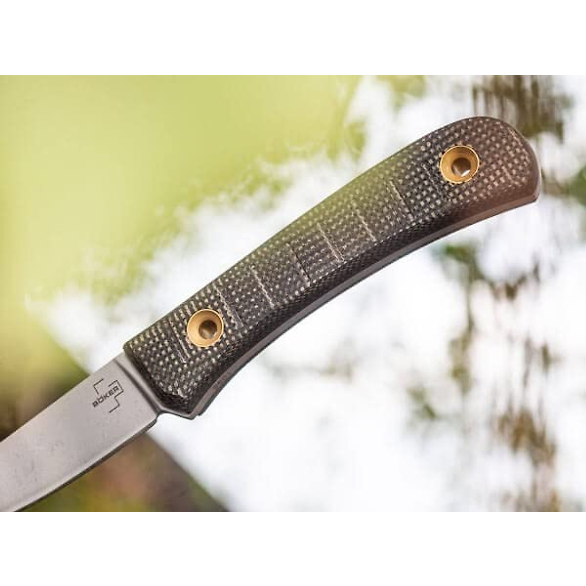 Boker Plus Bark Beetle - 3.62" 1095 Matte Coated Carbon Steel Blade with Olive Green Canvas Micarta Scales and Leather Sheath Designed by Sandor Hegyes - 02BO039