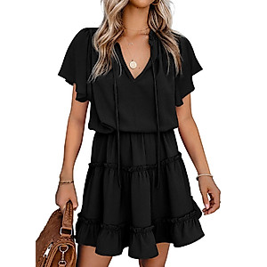 Dokotoo Womens Cute Spring Summer Casual Sexy Deep V Neck Ruffle Chiffon Lantern Short Sleeve Elegant Empire Waist Flowy Mini Short Skirt Dresses for Women Party 2025 Black US 8 10