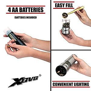 XOVO Electric Salt & Pepper Grinder Set - Battery Operated Stainless Steel Mill With LED Lighting - Electronic Adjustable Shakers - Ceramic Grinders - One Handed Automatic Operation - 2 Pack