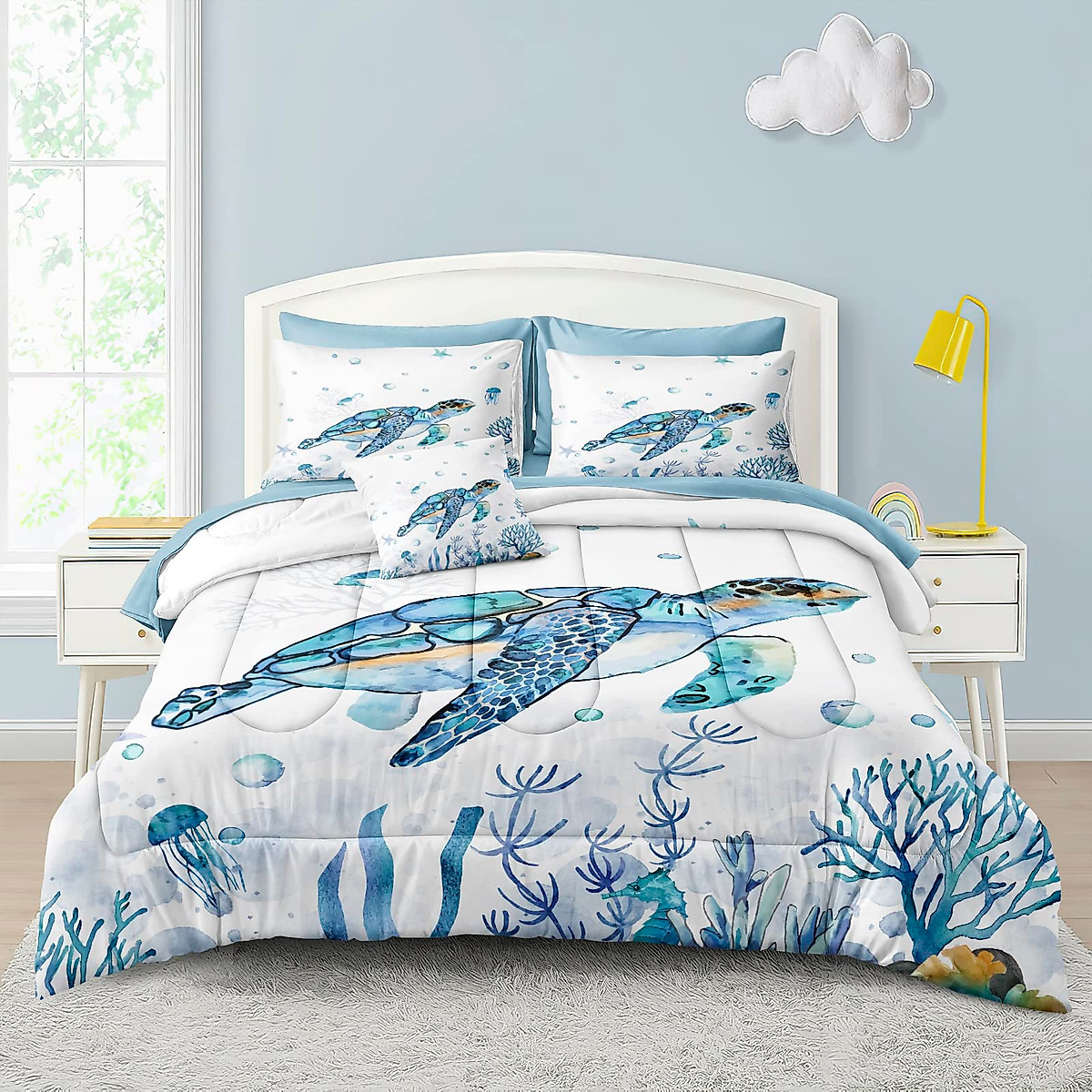 Sea Turtle Comforter Ocean Themed Bedding Sets 6 Pieces Twin Bed in A Bag Teal Blue Turtle Sea Horse Animal Cartoon Pattern Beach Coastal Bedding Comforter (Sea Turtle, Twin)