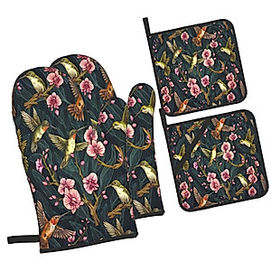 Hummingbird Flower Oven Mitts and Pot Holders Cute Heat Resistant Kitchen Set Microwave Golves and Hot Pads for Safe Cooking Baking Grilling BBQ