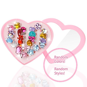 Hifot 24 pcs Girls Crystal Adjustable Rings, Princess Jewelry Finger Rings with Heart Shape Box, Girl Pretend Play and Dress up Rings for Children Kids Little Girls - Random