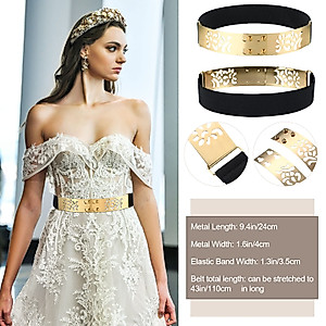 Zhanmai 4 Pieces Belts for Women Metal Gold Stretch Waist Belt Skinny Wide Chain Belt Elastic Belt for Dress (Black, Simple Style)