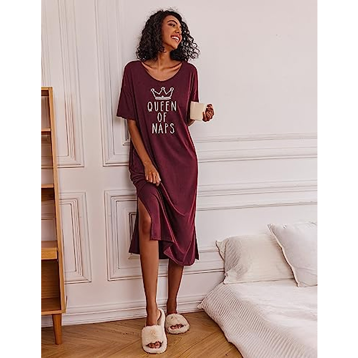 Ekouaer Women Long Nightgown Soft Short Sleeve O Neck Sleepwear Plus Size Night Shirt Nightshirt Wine Red XXXL