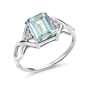 Gem Stone King 2.34 Cttw Sky Blue Simulated Aquamarine and White Topaz Women Ring In 925 Sterling Silver | Emerald Cut 9X7MM | Gemstone Birthstone | Available In Size 5, 6, 7, 8, 9