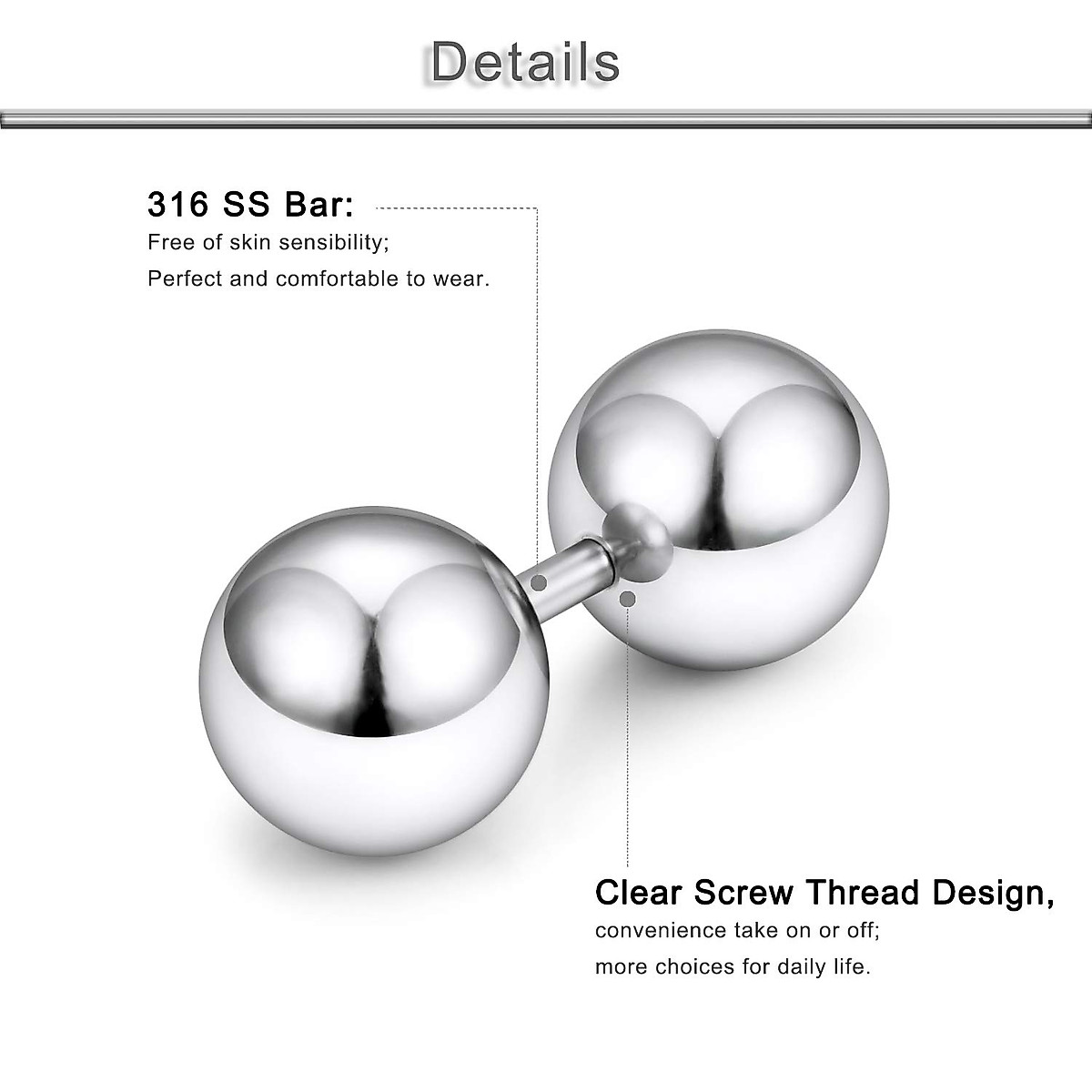 Yaalozei 12G Big Piercing Balls PA Ring Piercing Jewelry 316L Surgical Stainless Steel Externally Threaded Straight bar Barbell Tragus Helix Ring Cartilage Lobe Earring piercing Jewelry Women Men 6mm