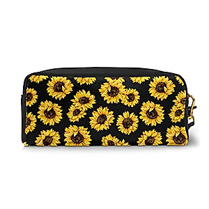 Hipster Golden Sunflowers Pencil Case Big Capacity Multifunction Storage Pouch Leather Cosmetic Makeup Bag, Stationery Organizer with Zipper for School Office