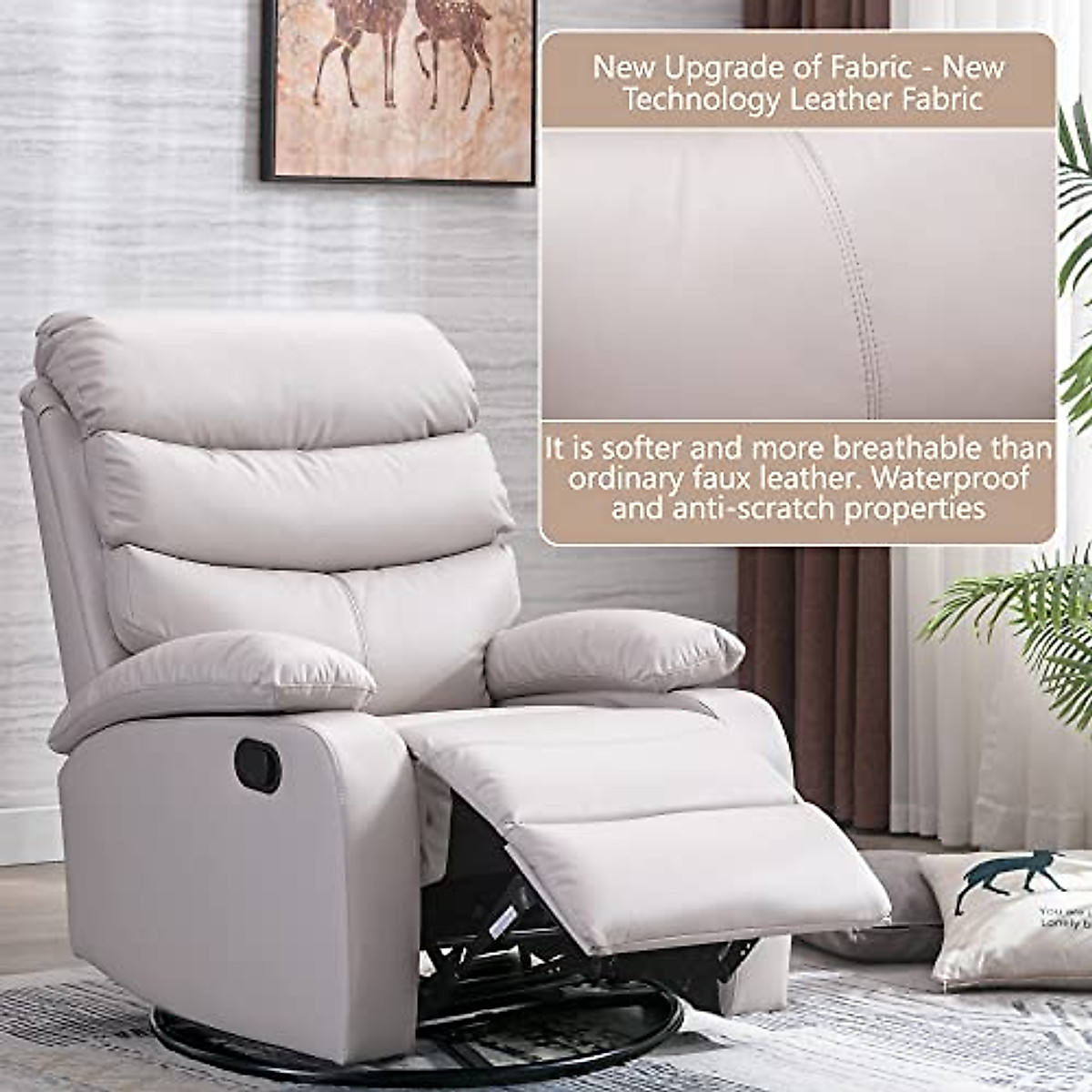 GNMLP2020 Swivel Rocking Recliner Chair, Manual Recliner Chair with Cell Phone Holder, PU Leather Small Rock Recliner Easy to Operate Reclining for Living Room, Nursery, Beige