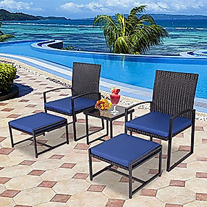 kinbor 5 Pieces Outdoor Patio Furniture Set, Wicker Pool Deck Chairs with Ottomans and Coffee Table, PE Rattan Conversation Set for Balcony Porch Backyard Garden Poolside, Dark Blue