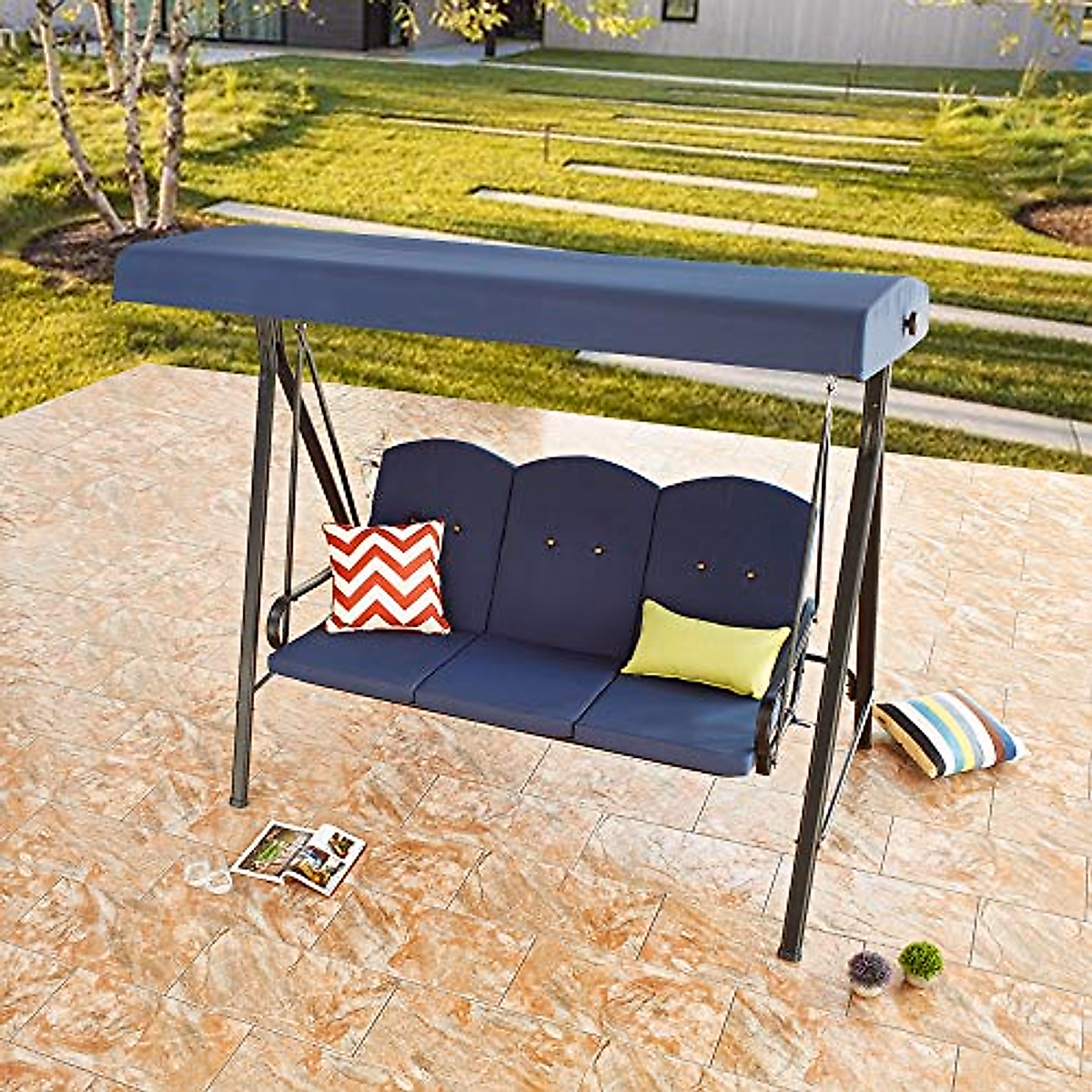LOKATSE HOME 3-Seats Patio Swing with Adjustable Canopy Weather Resistant Steel Frame Outdoor Porch Converting Deck Furniture, Blue