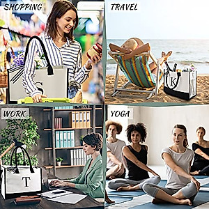BeeGreen Initial Tote Bags For Women 13oz Canvas Tote Bag with Zipper and Shoulder Strap Embroidery Beach Bag Teacher Tote Bag with Side Pockets Monogrammed Personalized Tote Bags For Mom Mother Her