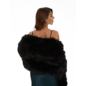 FlyGulls Women's Black Faux Fur Shawl Luxury Fur Shawls and Wraps for Evening Dresses Bridal Faux Fur Wrap for Bride and Bridesmaids Warm Fur Cape for Winter Wedding Evening Party（Black）